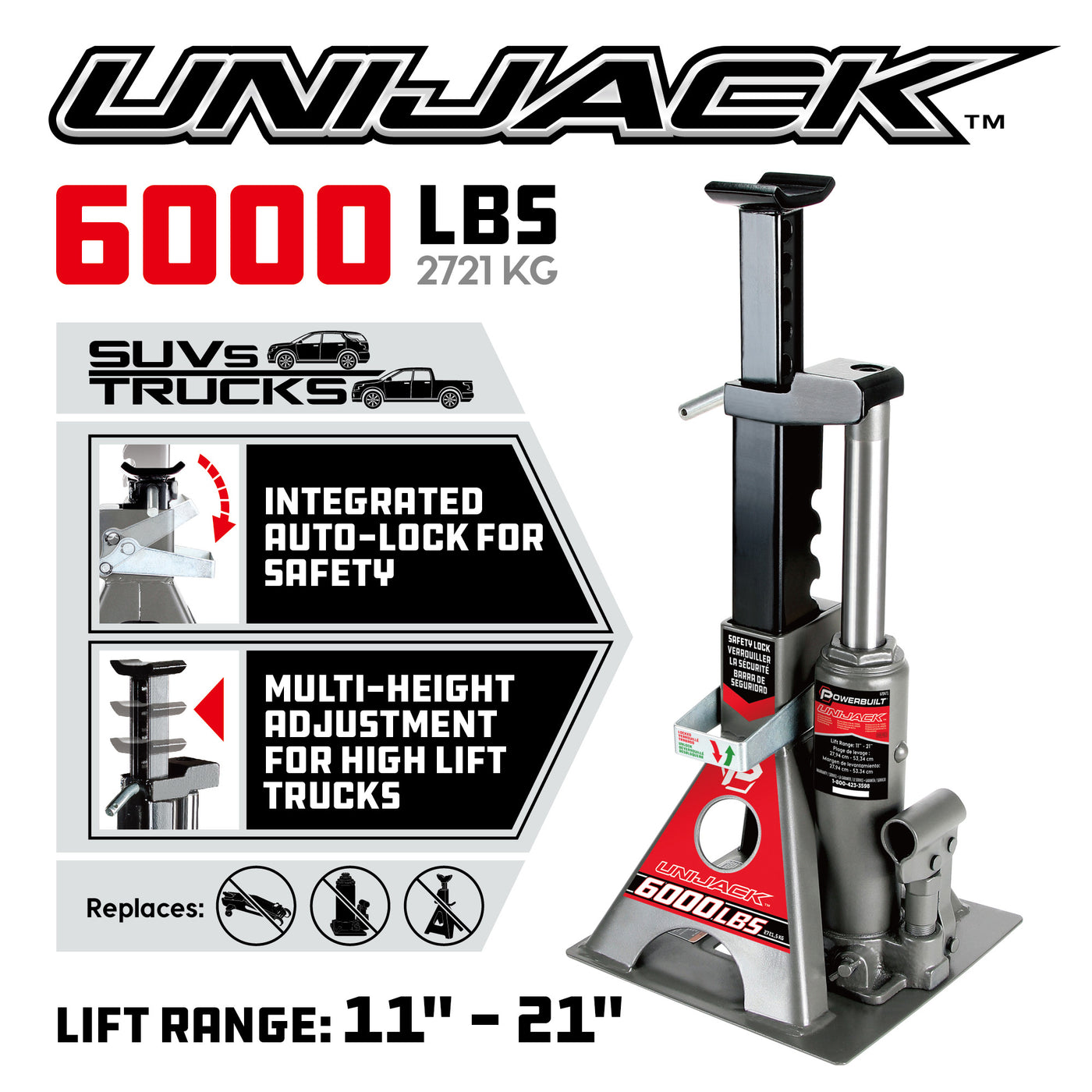 3 Ton - Bottle Jack and Jack Stands in One - 6000 Pound