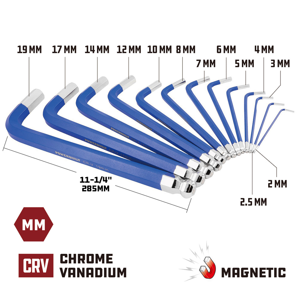 13 Piece Metric Jumbo Long Point Magnetic Hex Key Wrench